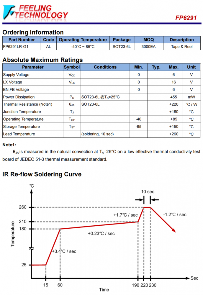 FP6291 SOT23-6L 1MHz，2.5A升压电流模式PWM转换器